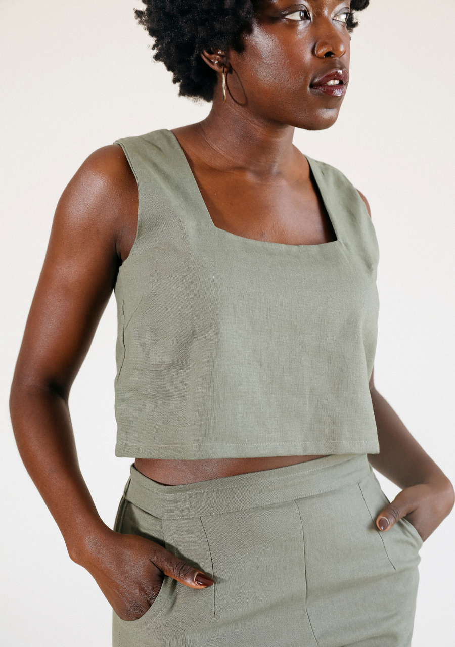Malai Linen Crop Top - Olive